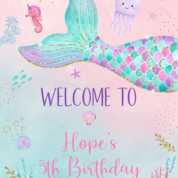 Editable Mermaid Birthday Welcome Sign Girls Mermaid Party Under the ...