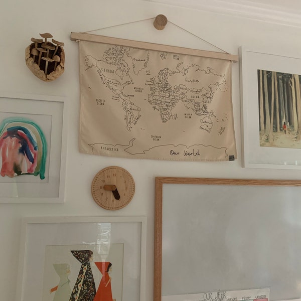 Small World Map Fabric Wall Hanging Natural Organic Cotton 67x46cm ...