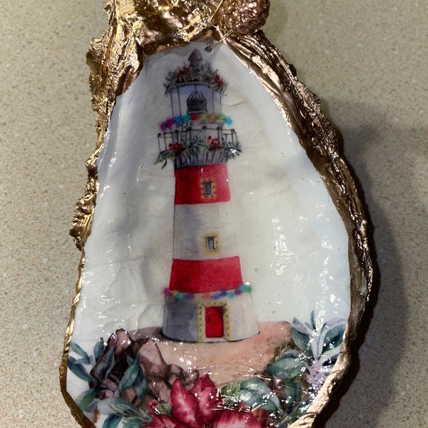 Lighthouse Oyster Shell Christmas Ornament. Large Holiday Lighthouse ...