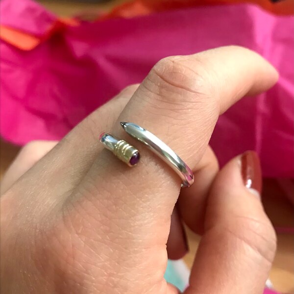 Handmade Pencil Ring: Recycled Silver, 9ct Gold & Ruby - Artist ...