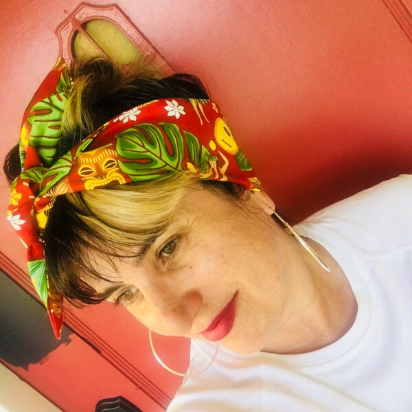 Tropical Hawaiian Tiki Miranda Retro Hair Wrap Wide Self Tie Headband ...