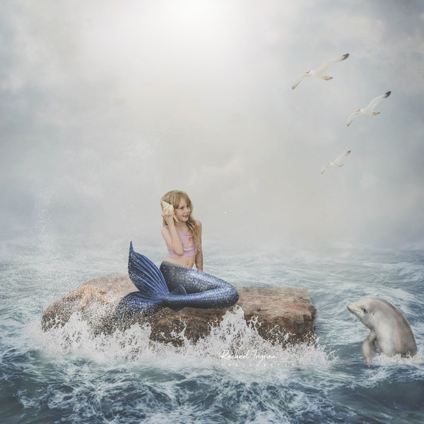 Mermaid Digital Backdrop, Dolphin Background, Fantasy Kids Photography ...