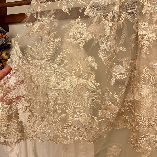 1 Yard Ivory Mushroom Lace Fabric,heavy Embroidery Champagne Lace With ...