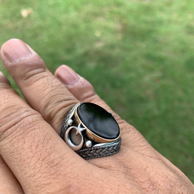 Mens Onyx Occult Ring, Vintage Silver Black Stone Signet Ring, Cool ...