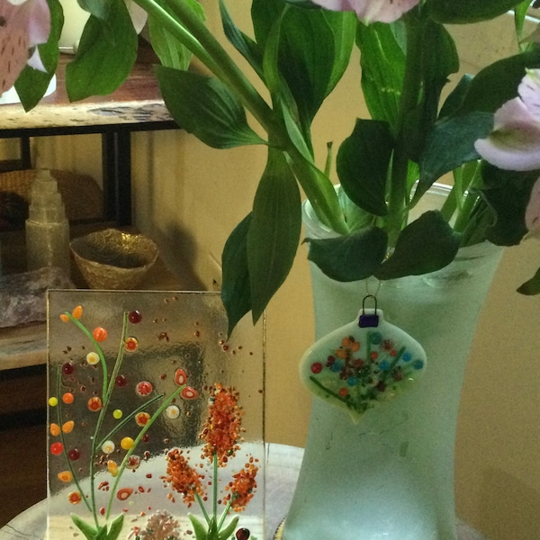 Fused Glass Orange Cottage Garden With Wooden Stand, Fused Glass Nature ...