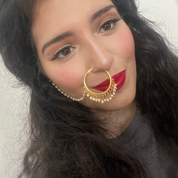 Nose Ring Chain Nath Indian Jewelry Jewellery Gold Plat Pierced Nose ...
