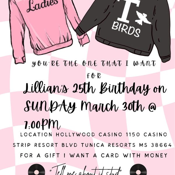 Grease Birthday Invitation, Pink Ladies Invitation, Children's Birthday ...