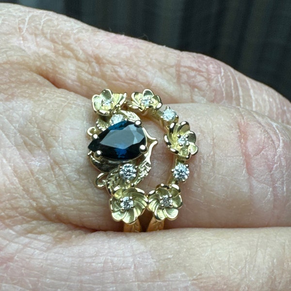 Flower Shaped Ring Diamonds and Pear Cut Moss Agate Floral Engagement ...