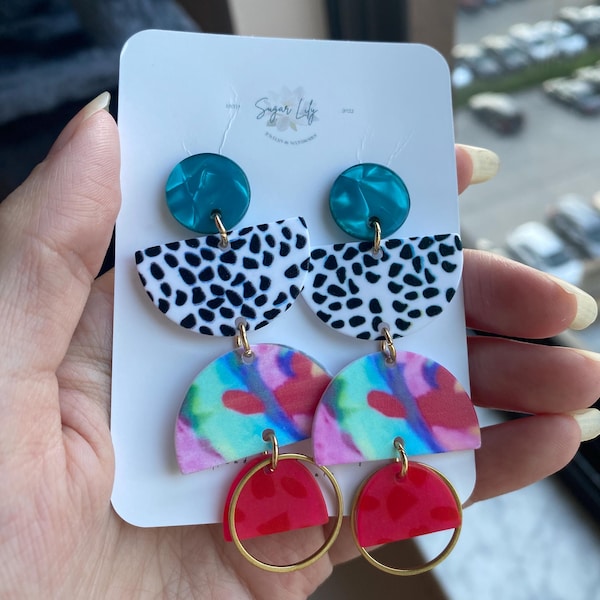 Multicolored Acrylic Dangle Earrings - Colorful Geometric Statement ...