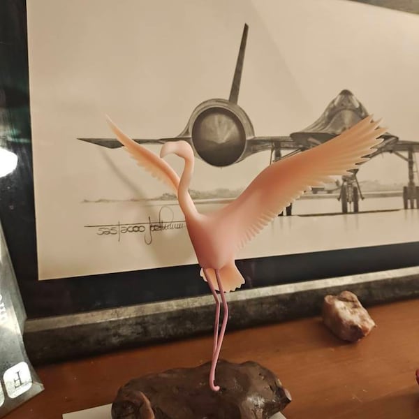 Flamingo Sculpture by John Perry Flying 6in Long on Polished Burlwood ...