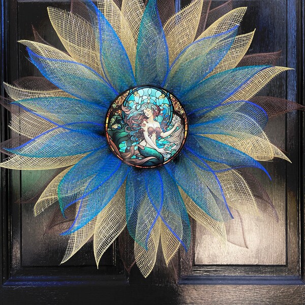 Round Faux Stained Glass Mermaid Wreath Sign, Beach Metal Wreath Sign ...