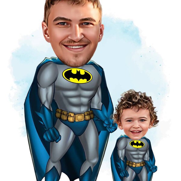Custom Super Dad and Son Cartoon Portrait, Super Dad Portrait, Dad's ...