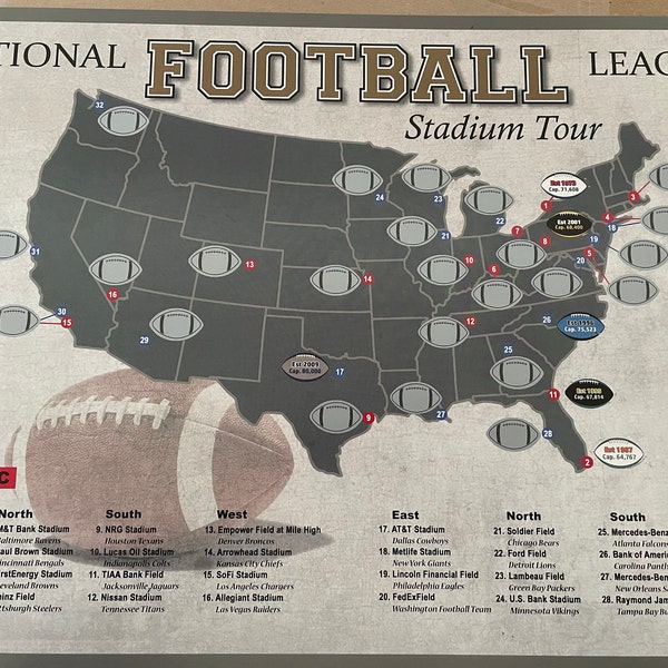 Pro Football Stadium Scratch off Map: Bucket List Poster (12x18 ...