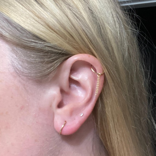 14K Solid Gold Dangle Double Chain Hoop Charm Triple Pearl Chain Rook ...