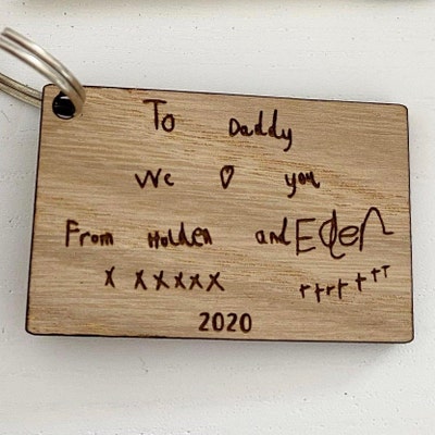 Personalised Oak Wooden Handwriting Note Letter Keyring Mother's Father ...