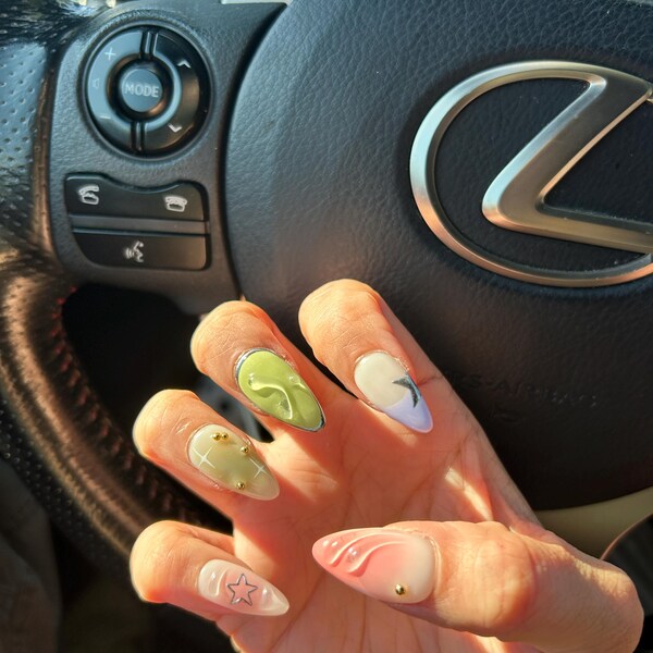 Bold Color Airbrush Long Stiletto Press on Nails, 3D Glam Goth False ...