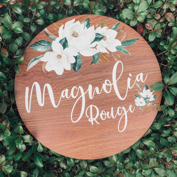 Magnolia Floral Round Wood Name Sign, White Magnolia Baby Sign, Round ...