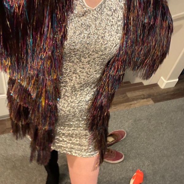 The Lover Iridescent Pink Tinsel Fringe Jacket | Metallic Party Jacket ...