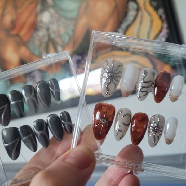 3D Sun Star Gothic Press on Nails Short Almond Nails/green Nails/gothic ...