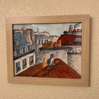 Cat Art Paris Art French Art Print Rooftop Whimsical Art Print Gift for ...