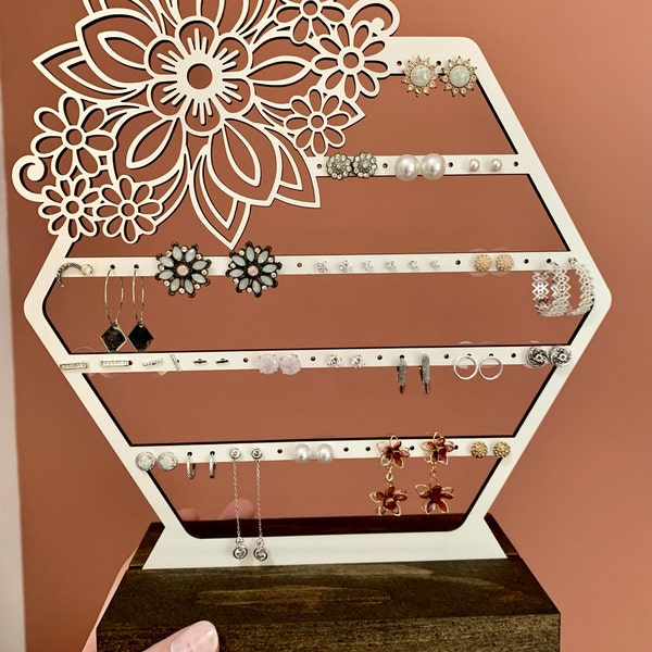 Wood Earring Holder Stand | Floral Hexagon Laser Earring Display ...
