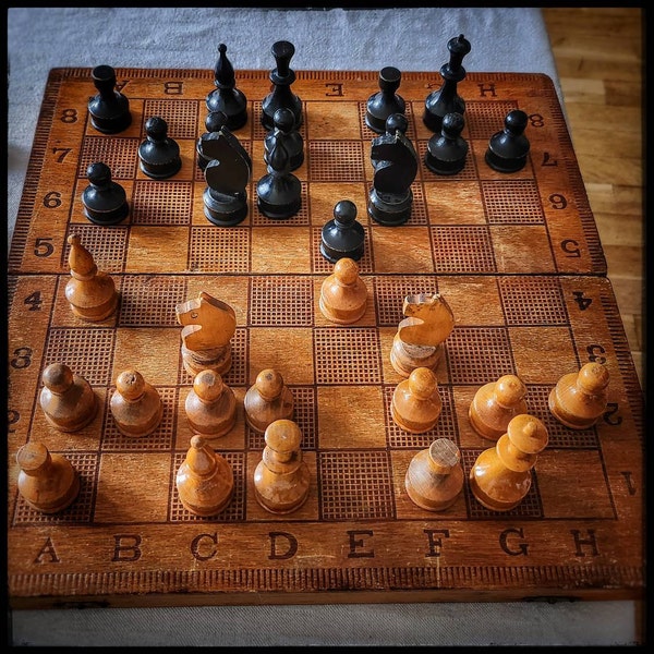 Vintage French Chess Set With Folding Board and Original Storage Box ...