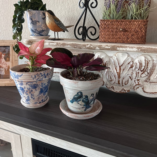 Planter, Tissue Decoupage Toile Design, Blue Floral, Distressed White ...