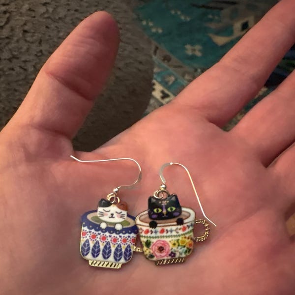Silver Dangle/ Drop Earrings With Mismatch Cat in a Teacup Charms, Cat ...