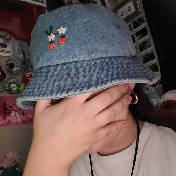Strawberry Bucket Hat, Coquette, Embroidered Hat, Cottage Core ...