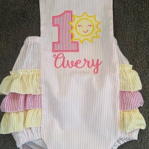 Pink and Gold Sunsuit Monogrammed, First Birthday Ruffle Bubble, White ...