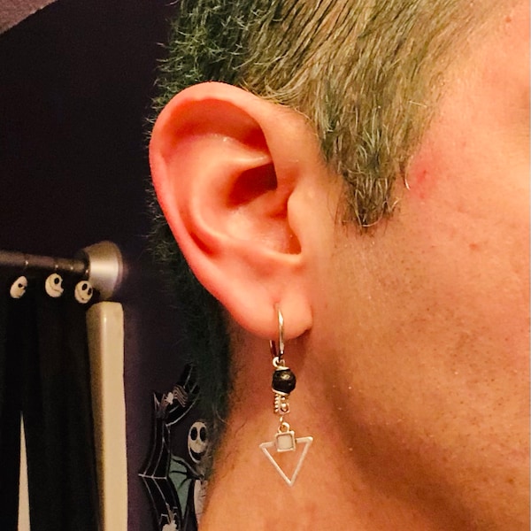 Silver Hoop Triangle Dangle Earring for Men- Mens Single Geometric ...