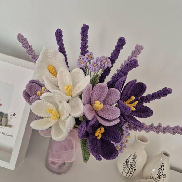 Handmade Purple Crochet Flower Bouquet – Violet Roses & Tulips, Knitted ...