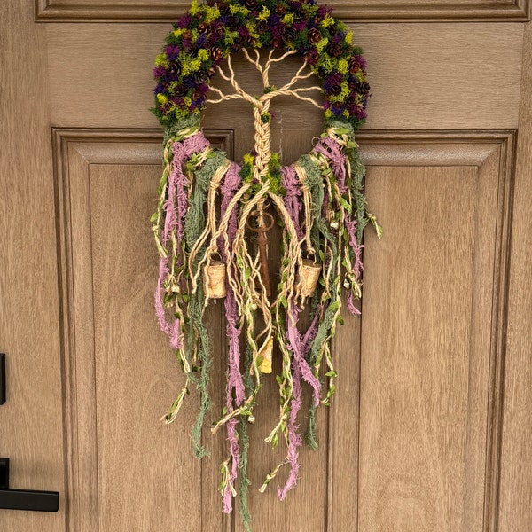 Tree of Life Witch Bells, 9 Inch, Ostara Spring Wreath, Cotton Ribbons ...