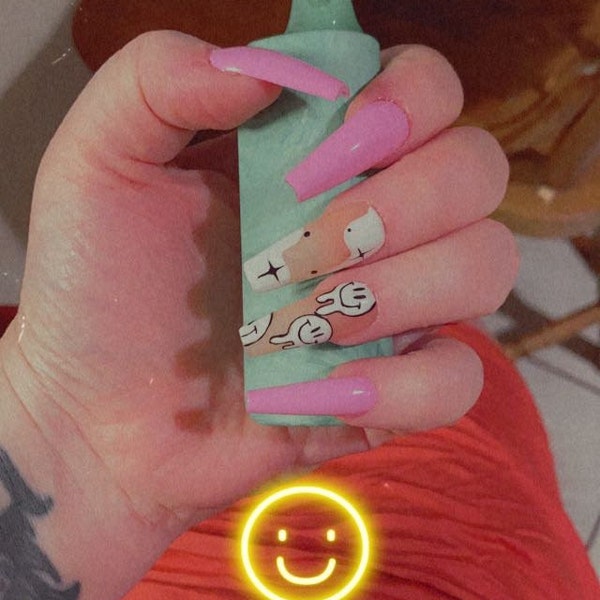 Drippy Smiley Face Press on Nails | Glue on Nails | Long Nails | Stick ...