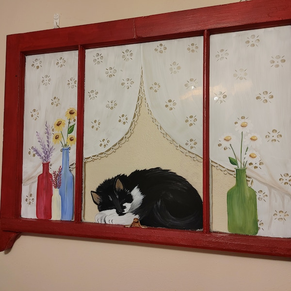 Painted Cat Window, Old Painted Window, Sleeping Cat in a Window ...