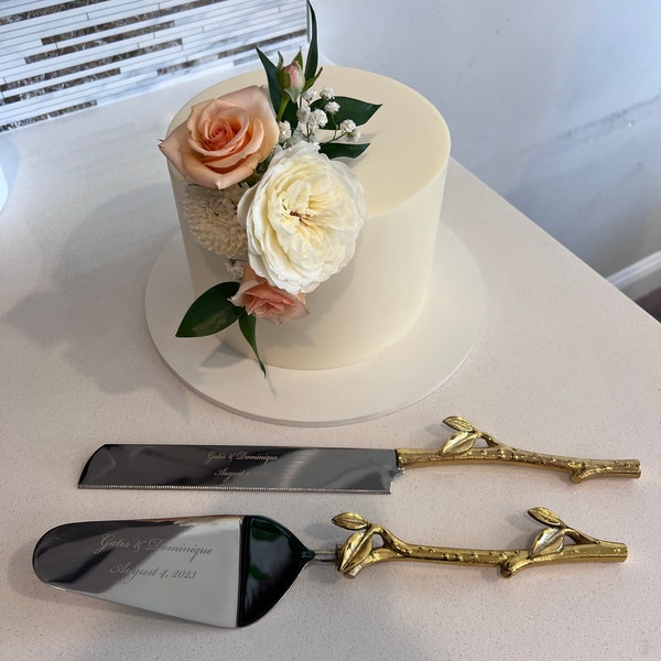 Personalized Wedding CAKE CUTTING SET Gold Leaf Floral Server Cutter ...