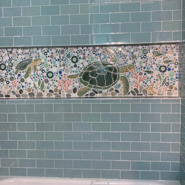 Baby Sea Turtles Mosaic, White/multi, Handmade Ceramic Tile Mosaic ...