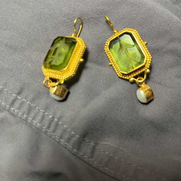 Intaglio Earrings, Blue Earring, 18K Gold Plated Earrings, 1920s ...