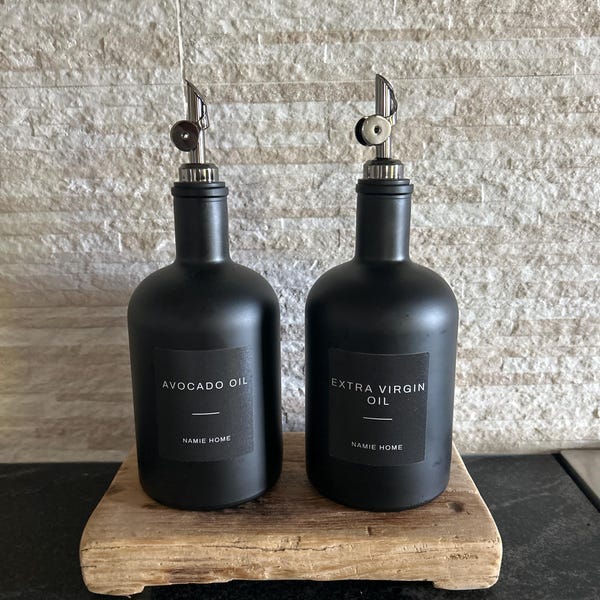 Matt Black Tall Neck Glass Oil Bottle 700ml Labelled - Refillable ...