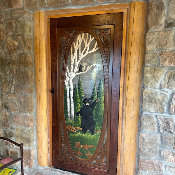 Bear Waving Screen Door, Bear Pine Screen Door, Handmade Bear Screen ...