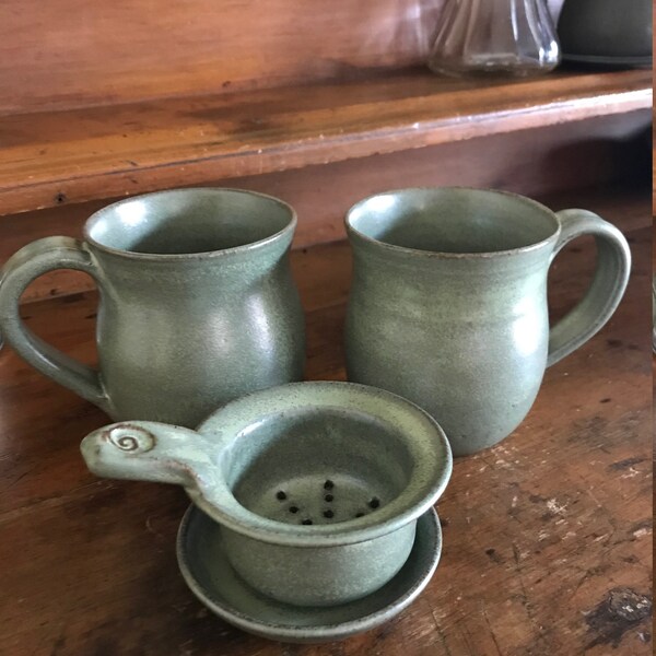 Pottery Green Mug Set Handmade, SET OF 2 Mugs + Ceramic Tea Strainer ...
