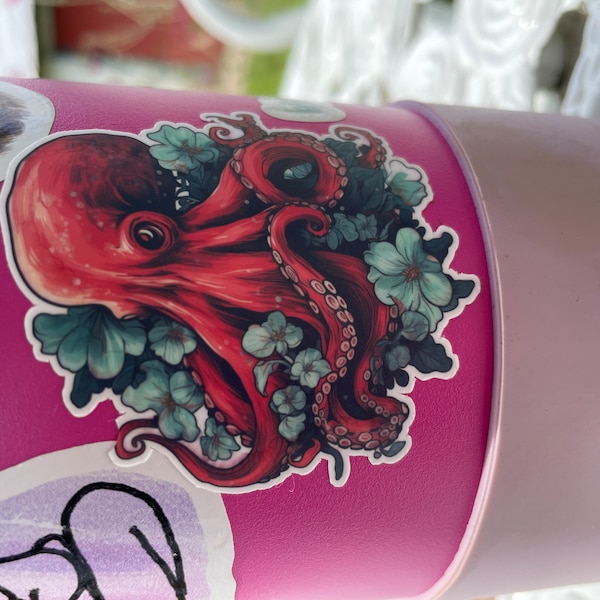 Octopus Sticker Floral Hand Drawn Sticker Vinyl Stickers Tumbler ...
