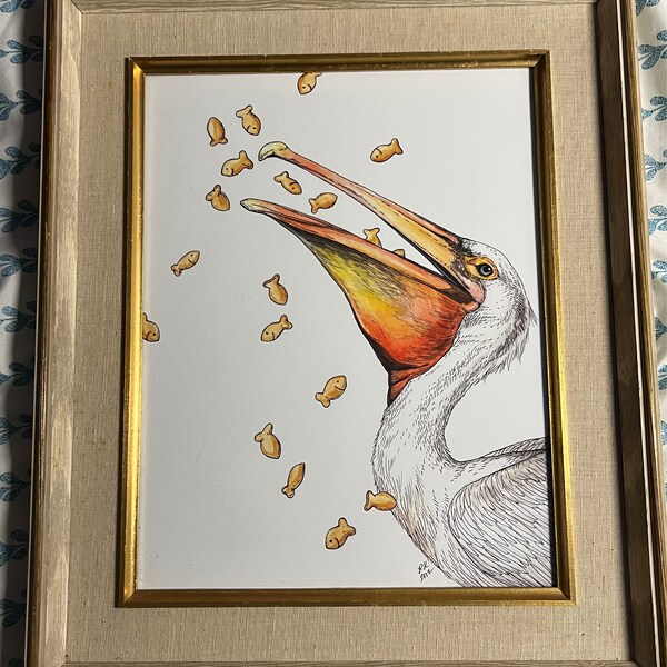 Pelican + Goldfish - Snack Attack - Archival Print - Etsy