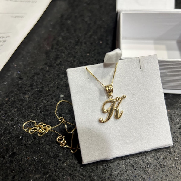 14k or 10k Solid Gold Cursive Initial Necklace, Cursive Initial Pendant ...