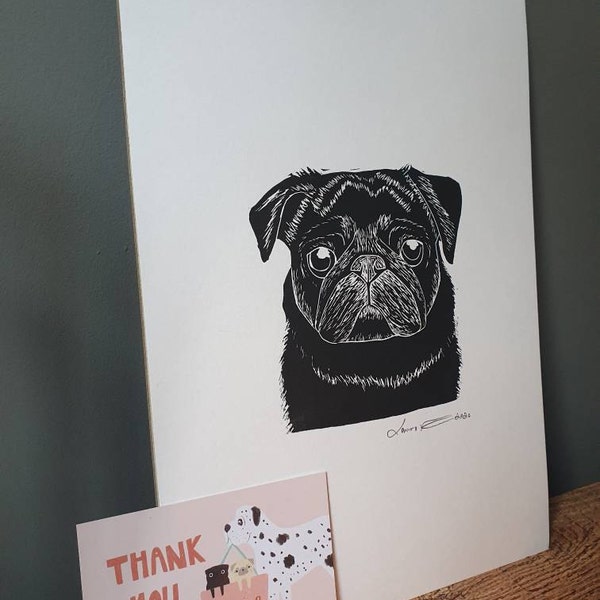 Black Pug Print A4 Lino Print Art Hand Printed Lino Print Pug Gift Dog ...
