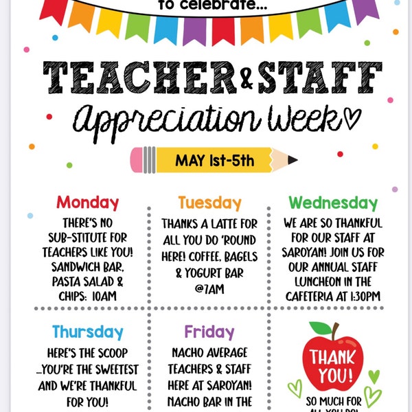 Editable Teacher Appreciation Week Itinerary Poster Teachers Staff ...