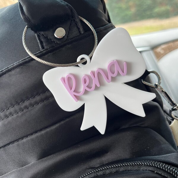 Personalized Acrylic Bow Bag Tag Coquette Bow Keychain Custom Bow Name ...