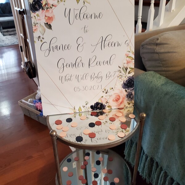 Geometric Rose Gender Reveal Welcome Sign, Blush Navy and Gold Floral ...