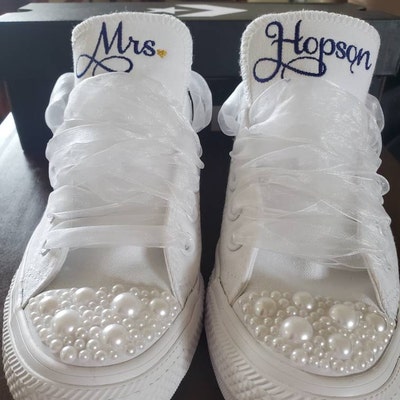 Pearl Toe Wedding Sneaker, Ribbon Laces, Bling, Bride Shoes, Wedding ...
