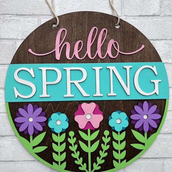 Hello Spring Flower Sign, Round Door Hanger Svg, Glowforge Laser Cut ...
